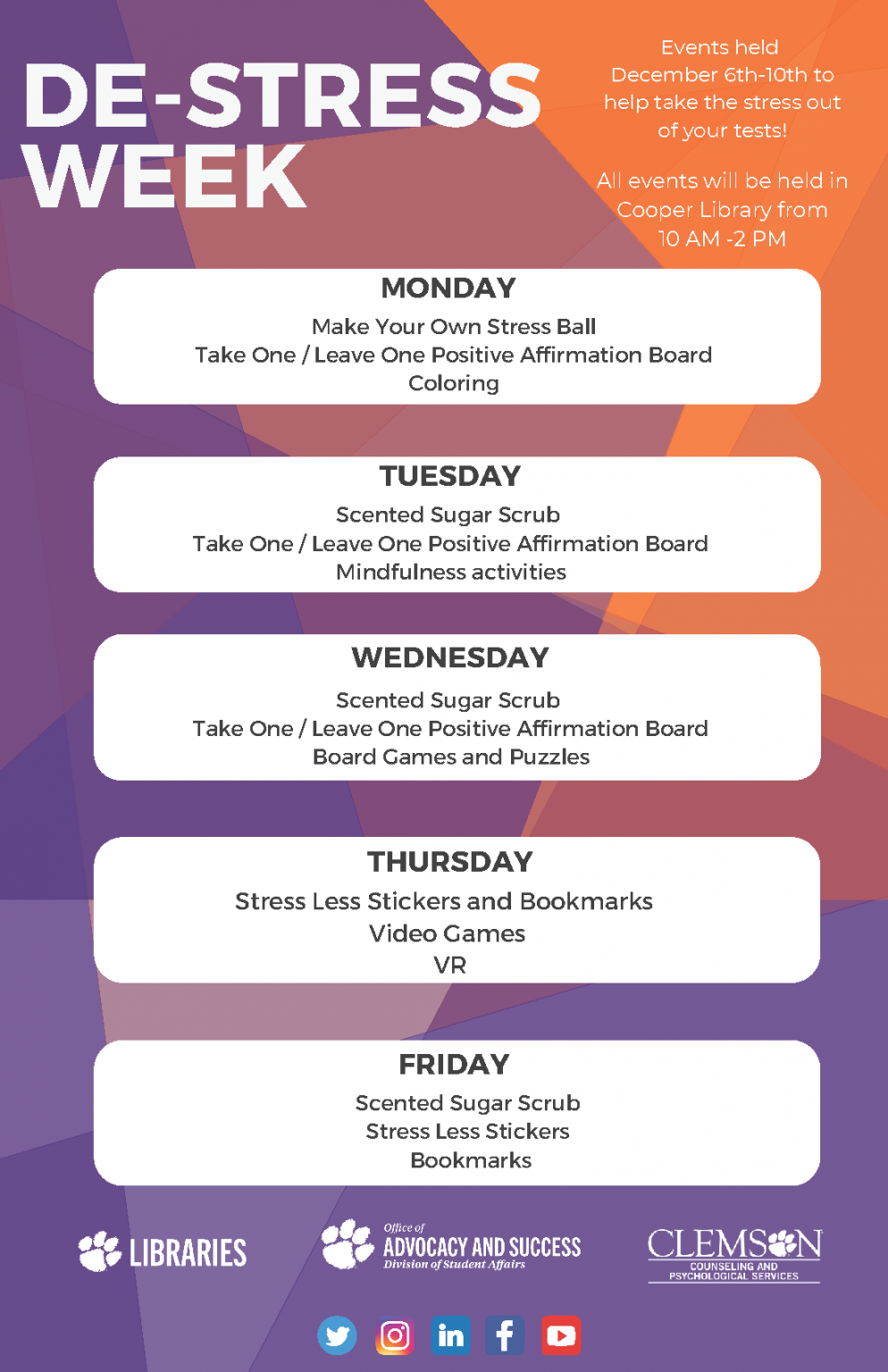 Take a Brain Break: De-Stressing Activities at Cooper Library – Clemson ...
